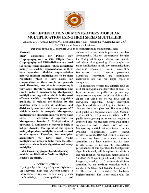(PDF) IMPLEMENTATION OF MONTGOMERY MODULAR MULTIPLICATION USING HIGH ...