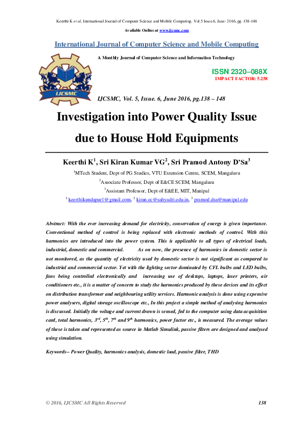 (PDF) Investigation into Power Quality Issue due to House Hold Equipments