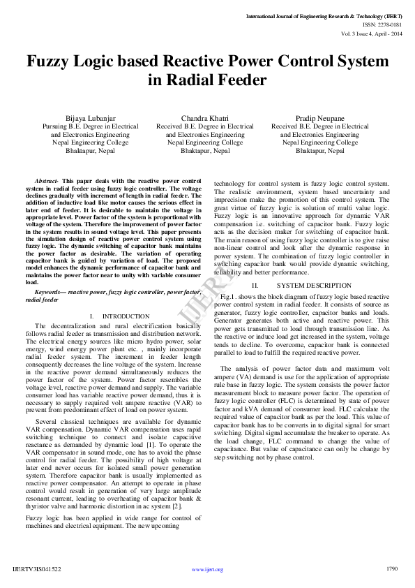 (PDF) IJERT-Fuzzy Logic based Reactive Power Control System in Radial Feeder