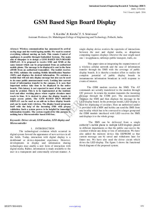 (PDF) IJERT-GSM Based Sign Board Display