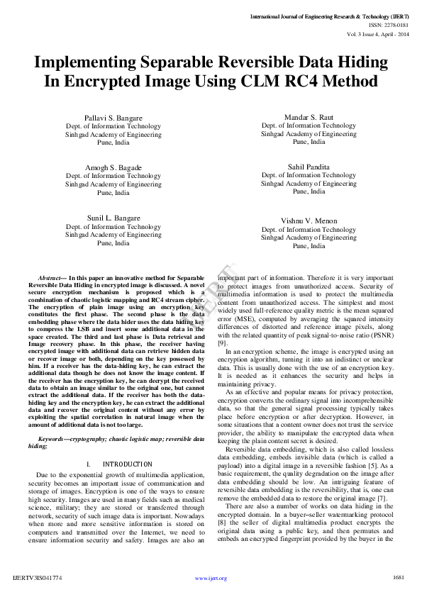 Pdf Ijert Implementing Separable Reversible Data Hiding In Encrypted Image Using Clm Rc4