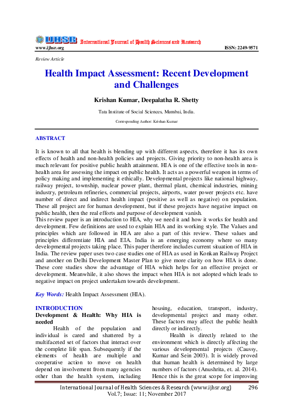 (PDF) Health Impact Assessment: Recent Development and Challenges