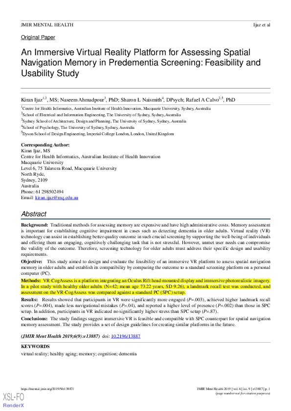 (PDF) Original Paper An Immersive Virtual Reality Platform for Assessing Spatial Navigation ...