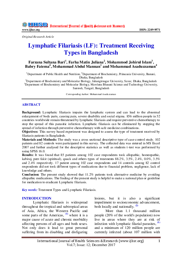 (PDF) Lymphatic Filariasis (LF): Treatment Receiving Types in Bangladesh