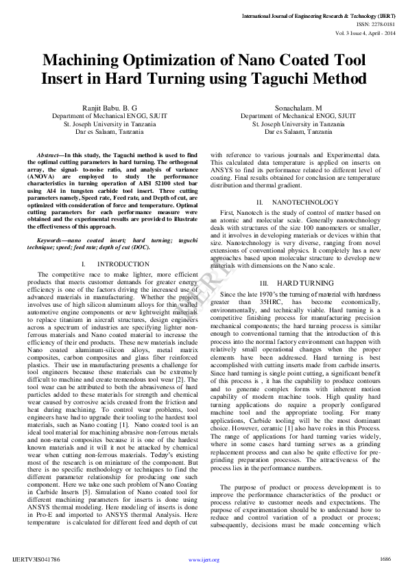 (PDF) IJERT-Machining Optimization of Nano Coated Tool Insert in Hard Turning using Taguchi Method