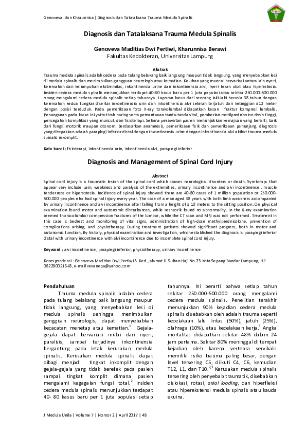 (PDF) Diagnosis dan Tatalaksana Trauma Medula Spinalis Diagnosis and ...