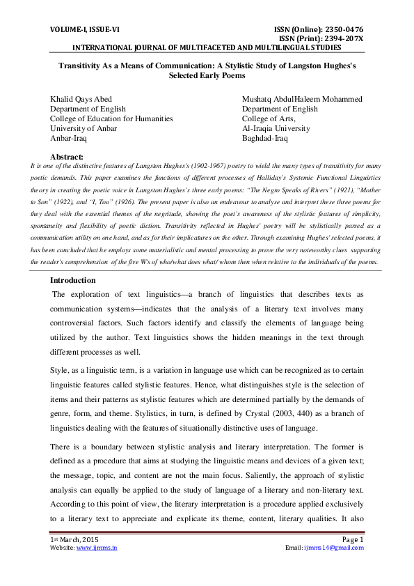 (PDF) Transitivity As a Means of Communication: A Stylistic Study of ...