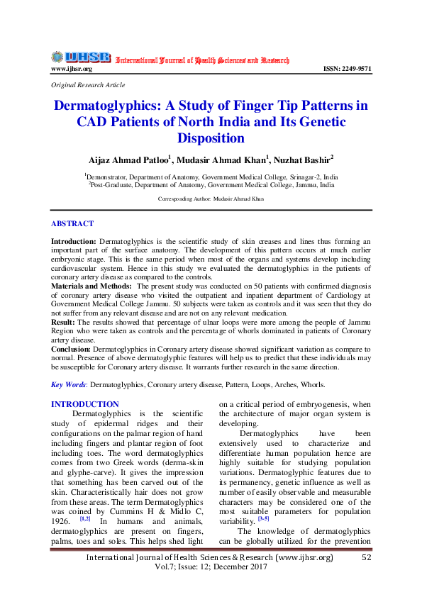 (PDF) Dermatoglyphics: A Study of Finger Tip Patterns in CAD Patients ...