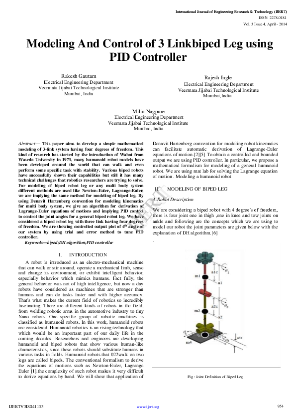 Pdf Ijert Modeling And Control Of 3 Linkbiped Leg Using Pid Controller