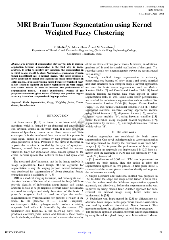 Pdf Ijert Mri Brain Tumor Segmentation Using Kernel Weighted Fuzzy Clustering Ijert Journal