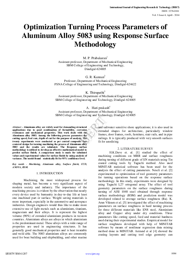 (PDF) IJERT-Optimization Turning Process Parameters of Aluminum Alloy 5083 using Response ...