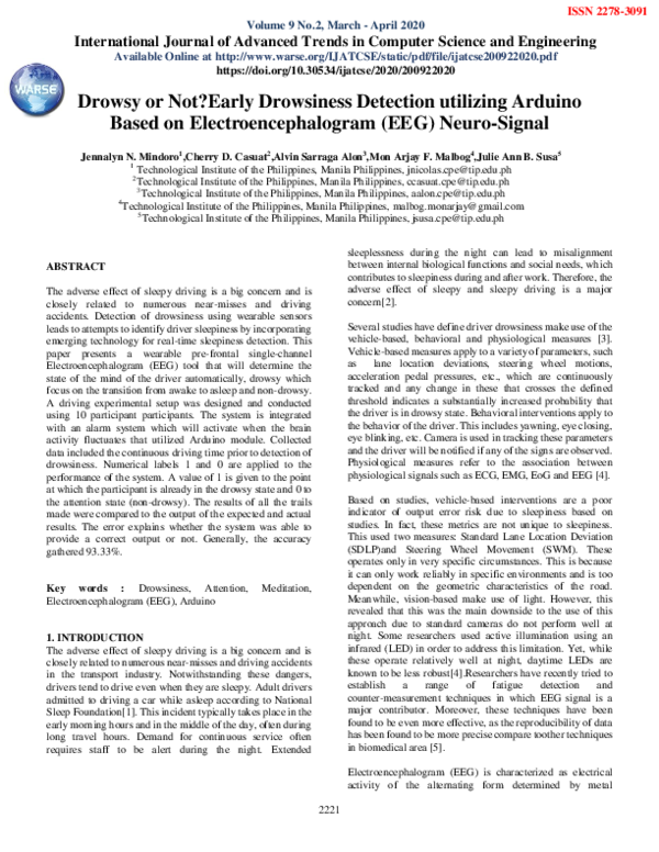 (PDF) Drowsy or Not?Early Drowsiness Detection utilizing Arduino Based on Electroencephalogram ...