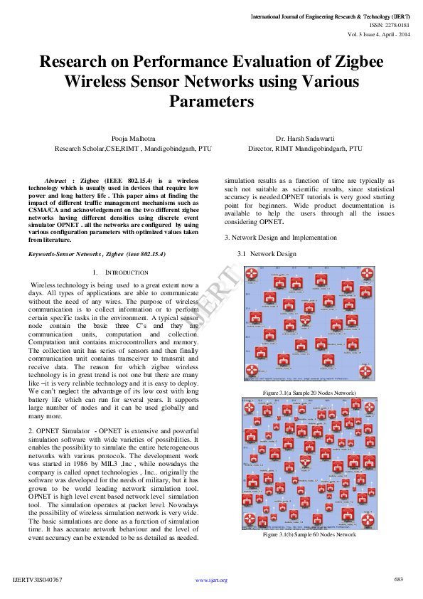 Pdf Ijert Research On Performance Evaluation Of Zigbee Wireless Sensor Networks Using Various