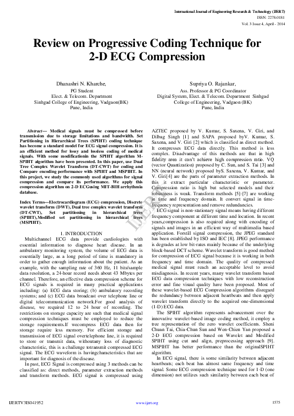 (PDF) IJERT-Review on Progressive Coding Technique for 2-D ECG Compression