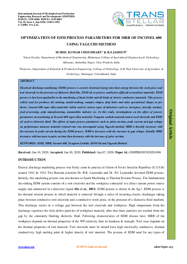 Pdf Optimization Of Edm Process Parameters For Mrr Of Inconel 600 Using Taguchi Method