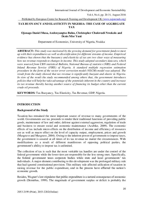 (PDF) TAX BUOYANCY AND ELASTICITY IN NIGERIA: THE CASE OF AGGREGATE TAX