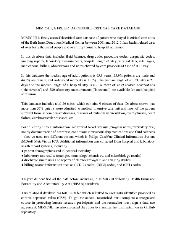 (PDF) MIMIC-III, A FREELY ACCESSIBLE CRITICAL CARE DATABASE