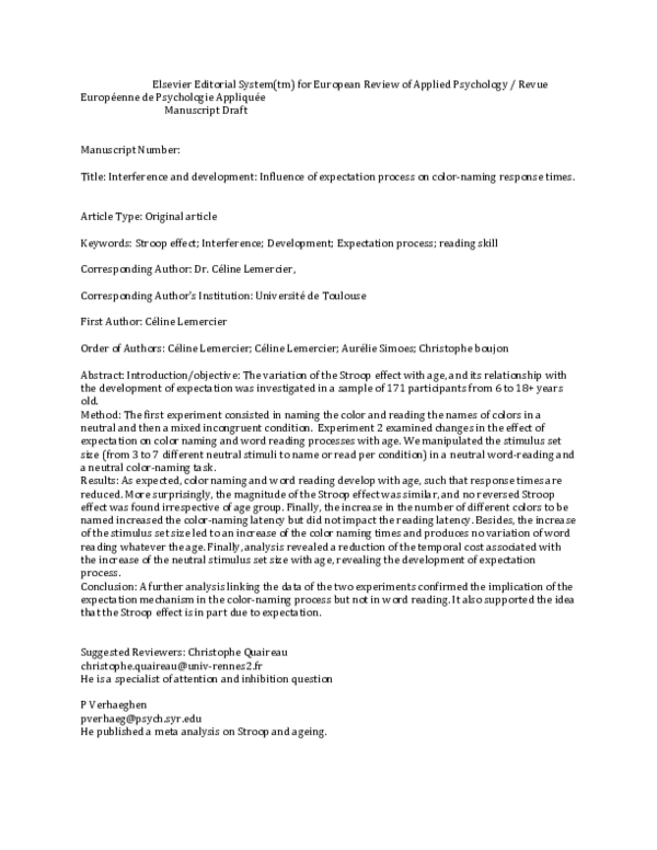 Pdf Interference And Development Influence Of Expectation Process On Color Naming Response Times