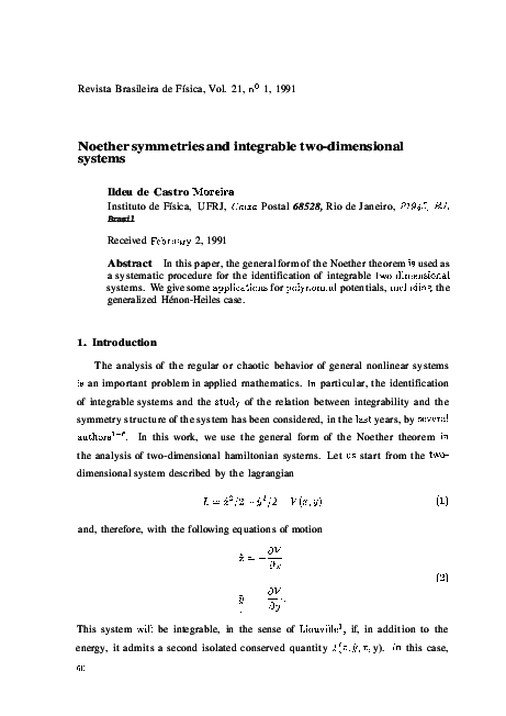 (PDF) Noether symmetries and integrable two-dimensional systems