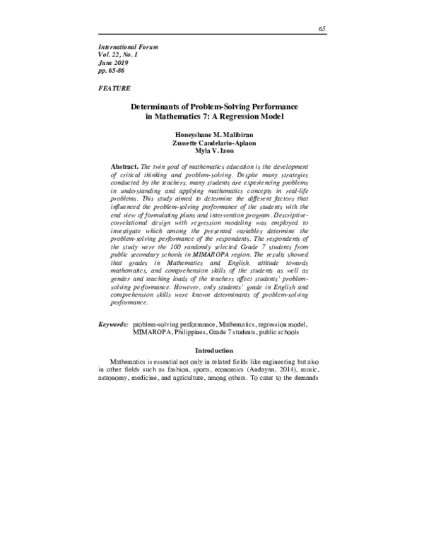Determinants Of Problem Solving Performance In Mathematics 7 A Regression Model 