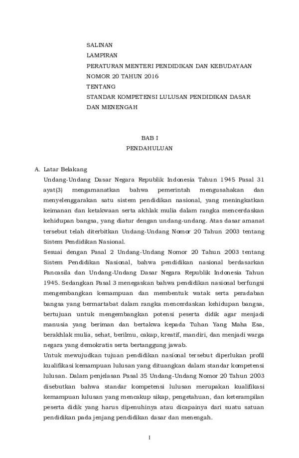 (PDF) Standar Kompetensi Lulusan Pendidikan Dasar dan Menengah