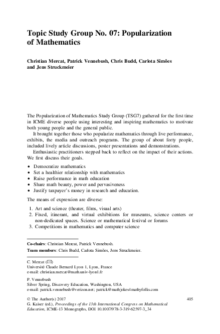 (PDF) Topic Study Group No. 07: Popularization of Mathematics