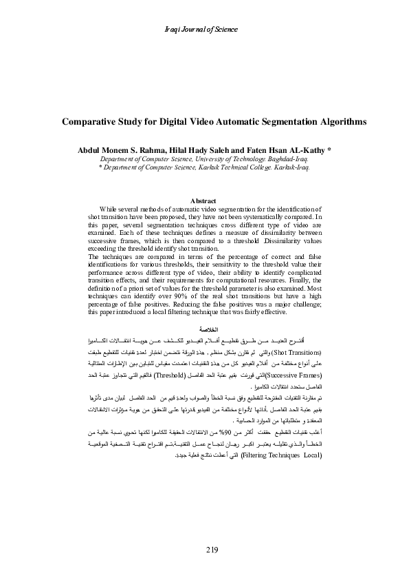 (PDF) Comparative Study for Digital Video Automatic Segmentation Algorithms | Faten H . M O H A ...
