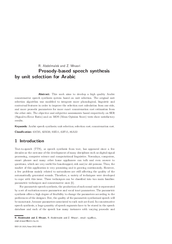 (PDF) Prosody-based speech synthesis by unit selection for Arabic