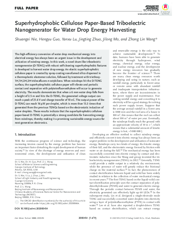 (PDF) Superhydrophobic Cellulose Paper-Based Triboelectric ...