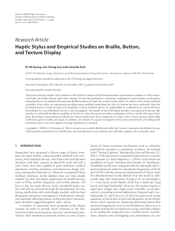 (PDF) Haptic Stylus and Empirical Studies on Braille, Button, and ...