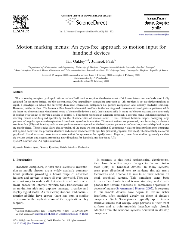 (PDF) Motion marking menus: An eyes-free approach to motion input for ...