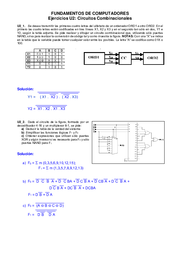 (PDF) FUNDAMENTOS DE COMPUTADORES Ejercicios U2: Circuitos Combinacionales