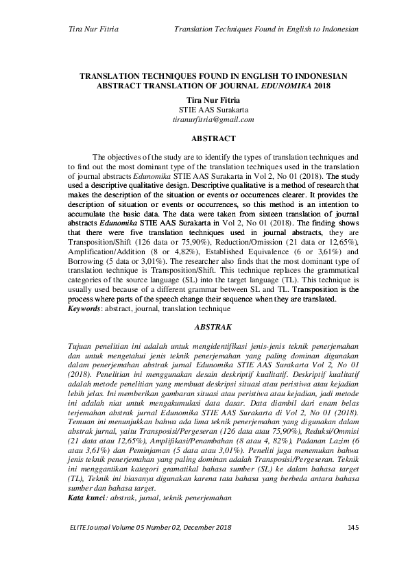(PDF) Translation Techniques Found in English to Indonesian Abstract ...