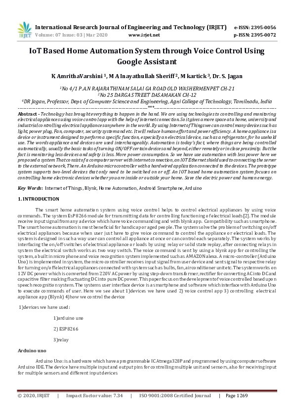 (PDF) IRJET- IoT Based Home Automation System through Voice Control ...