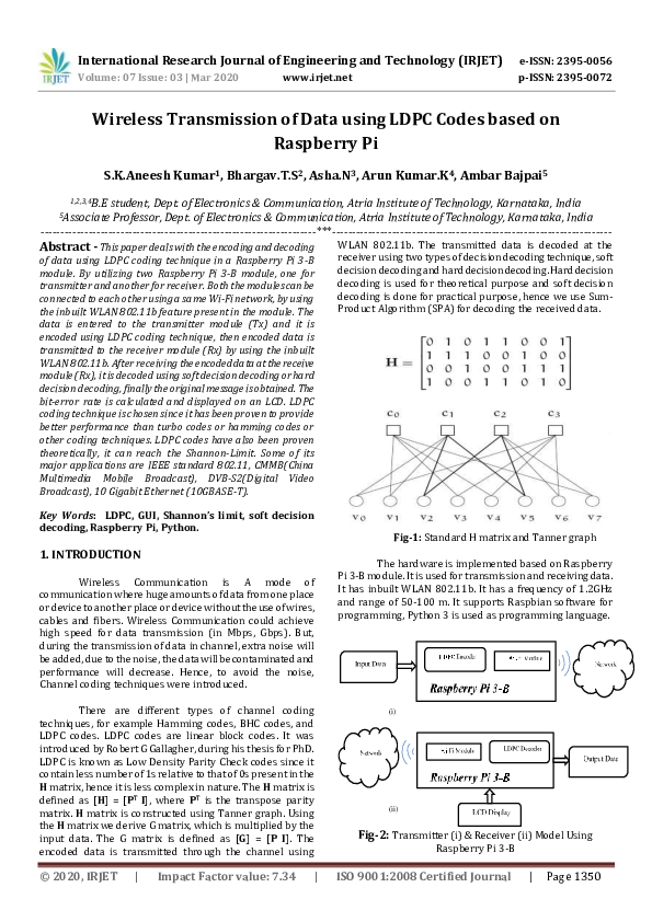 (PDF) IRJET- Wireless Transmission of Data using LDPC Codes based on Raspberry Pi