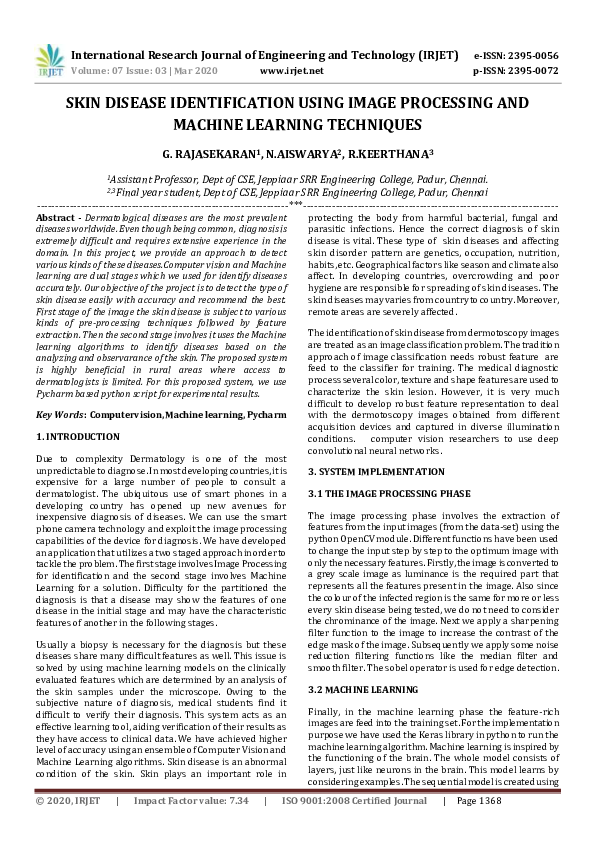 (PDF) IRJET- SKIN DISEASE IDENTIFICATION USING IMAGE PROCESSING AND MACHINE LEARNING TECHNIQUES