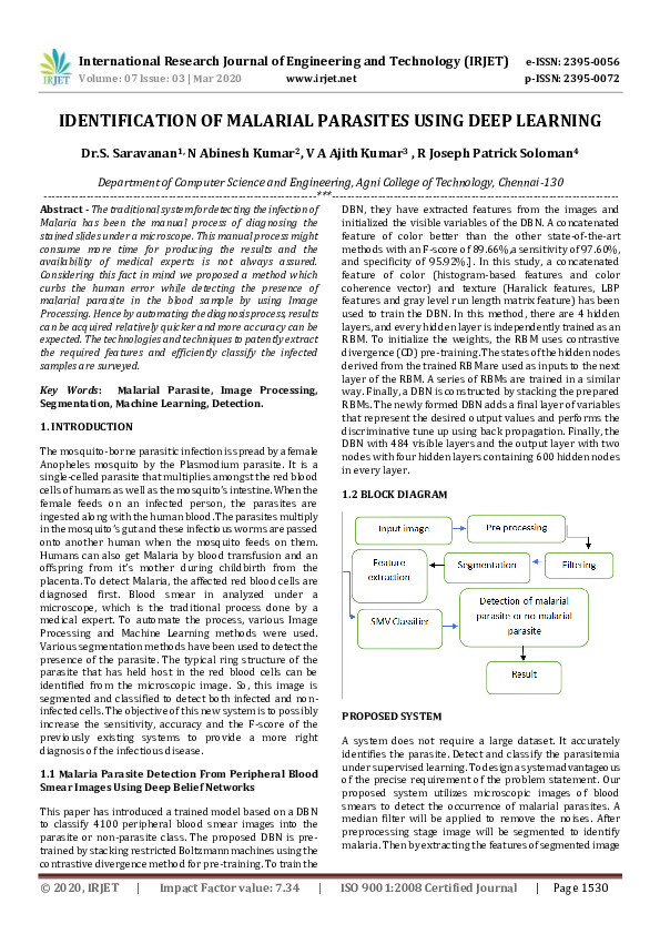 (PDF) IRJET- IDENTIFICATION OF MALARIAL PARASITES USING DEEP LEARNING