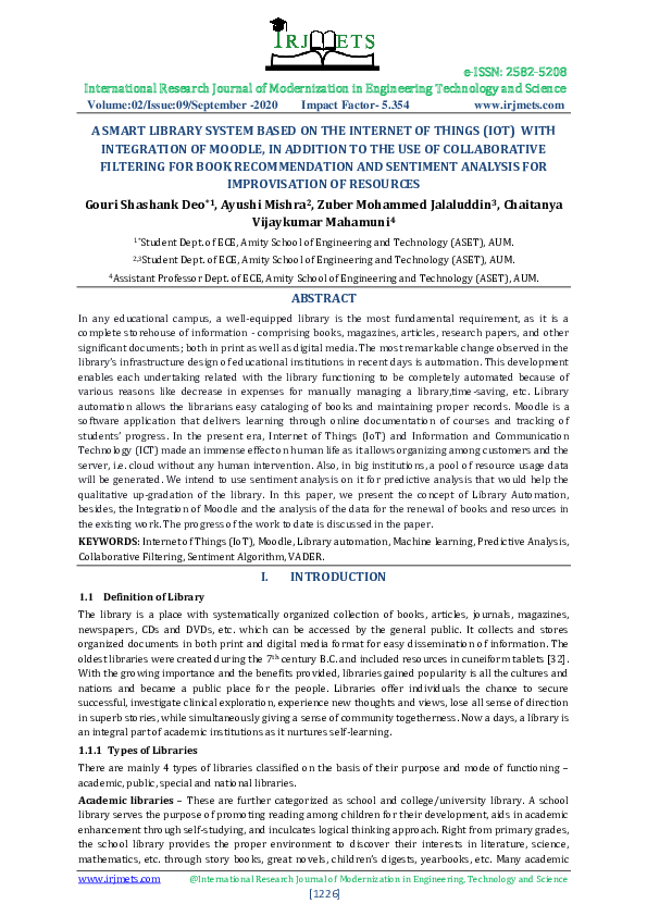 (PDF) A SMART LIBRARY SYSTEM BASED ON THE INTERNET OF THINGS (IOT) WITH INTEGRATION OF MOODLE ...