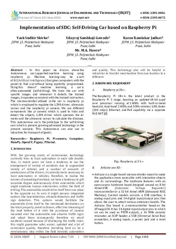 Pdf Irjet Implementation Of Sdc Self Driving Car Based On Raspberry Pi