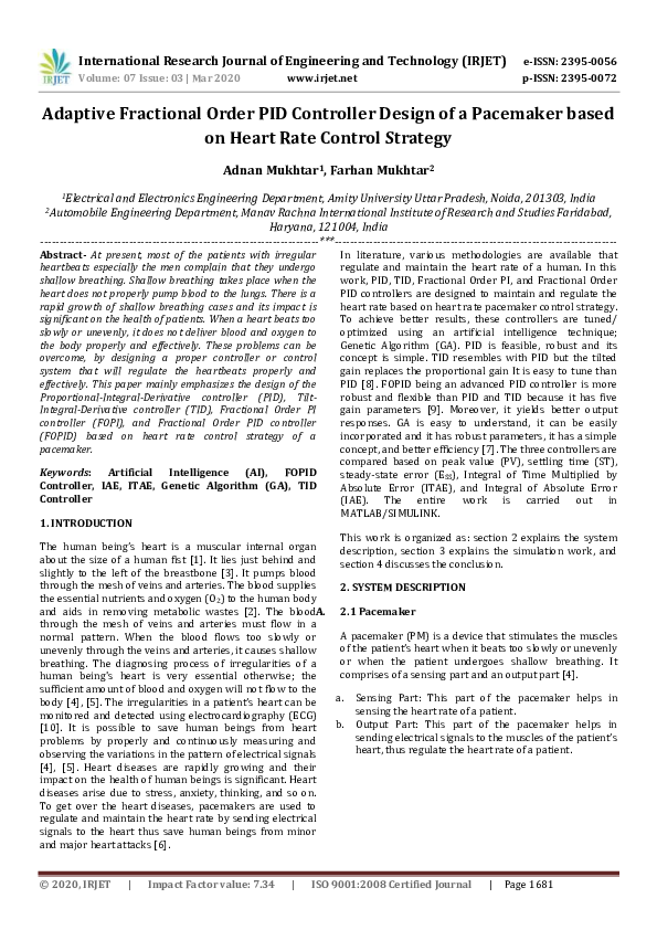 (PDF) IRJET- Adaptive Fractional Order PID Controller Design of a ...