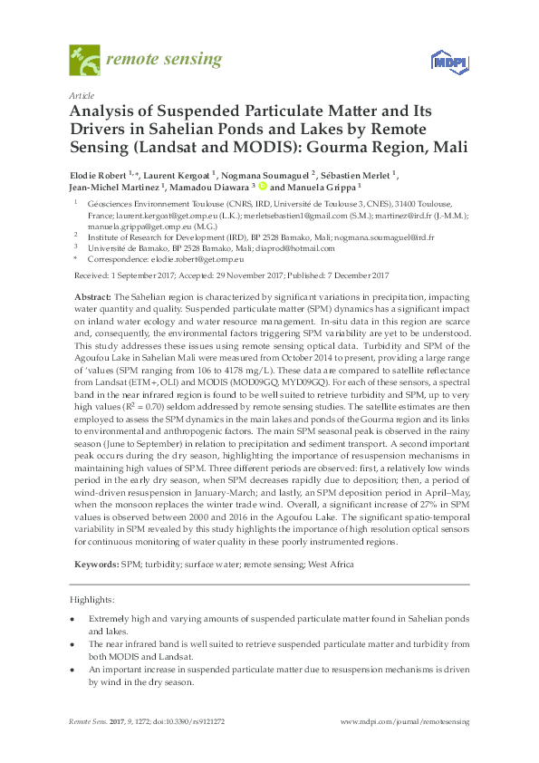 (PDF) remote sensing Analysis of Suspended Particulate Matter and Its Drivers in Sahelian Ponds ...