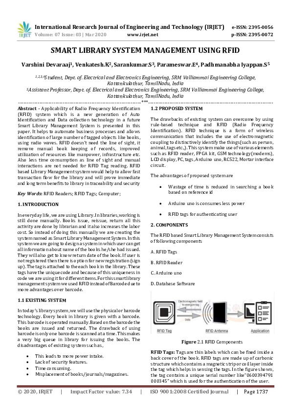 (PDF) IRJET- SMART LIBRARY SYSTEM MANAGEMENT USING RFID