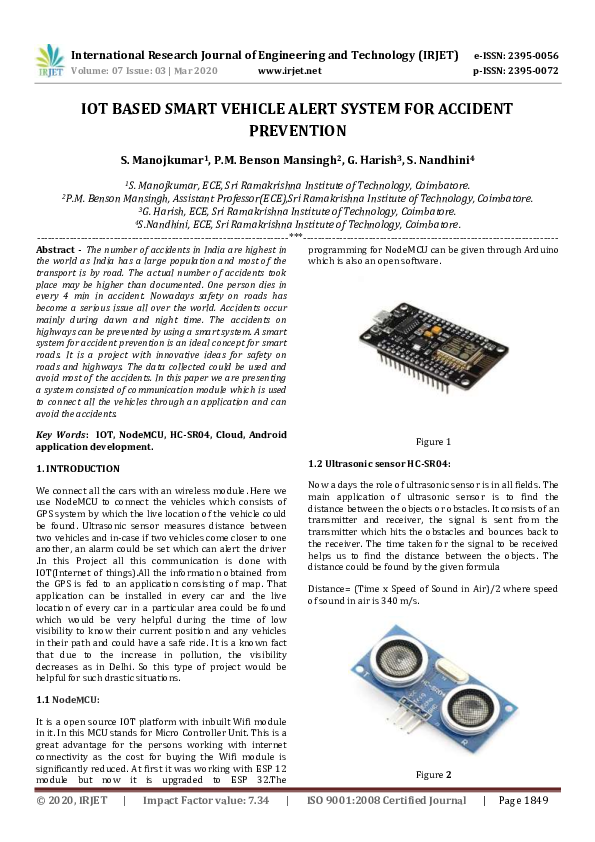 Pdf Irjet Iot Based Smart Vehicle Alert System For Accident Prevention