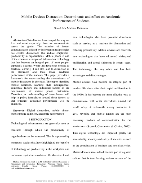 (PDF) Mobile Devices Distraction: Determinants and effect on Academic ...