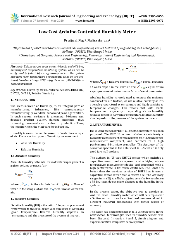 Pdf Low Cost Arduino Controlled Humidity Meter