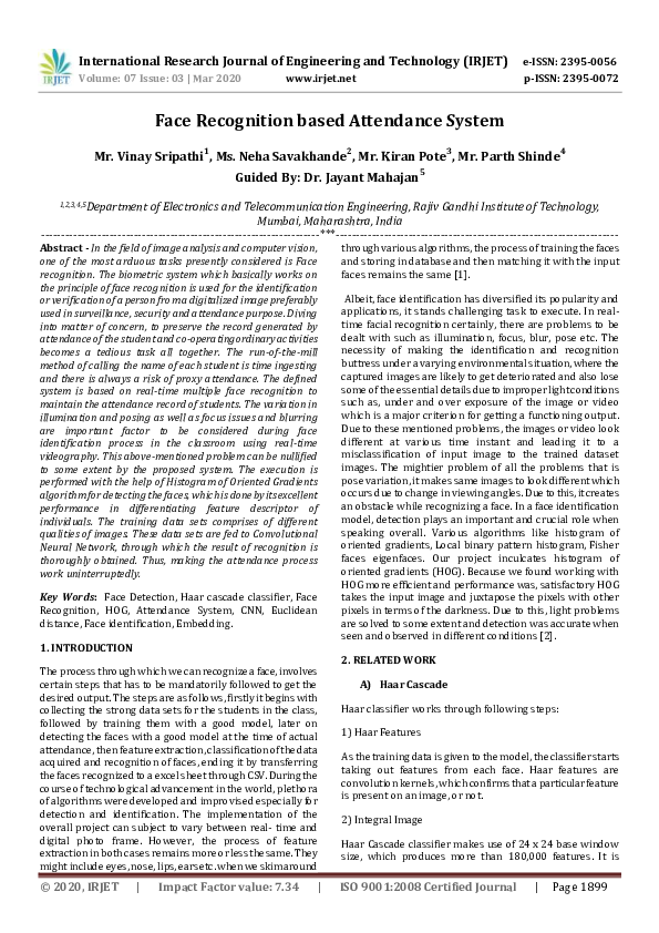 Pdf Face Detection And Recognition Attendance System Shubham Chavan