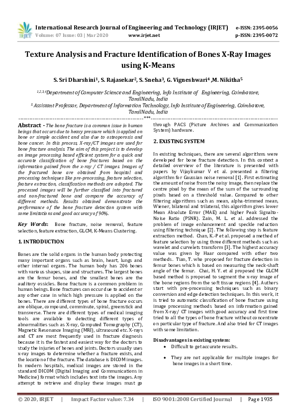 Pdf Irjet Texture Analysis And Fracture Identification Of Bones X Ray Images Using K Means