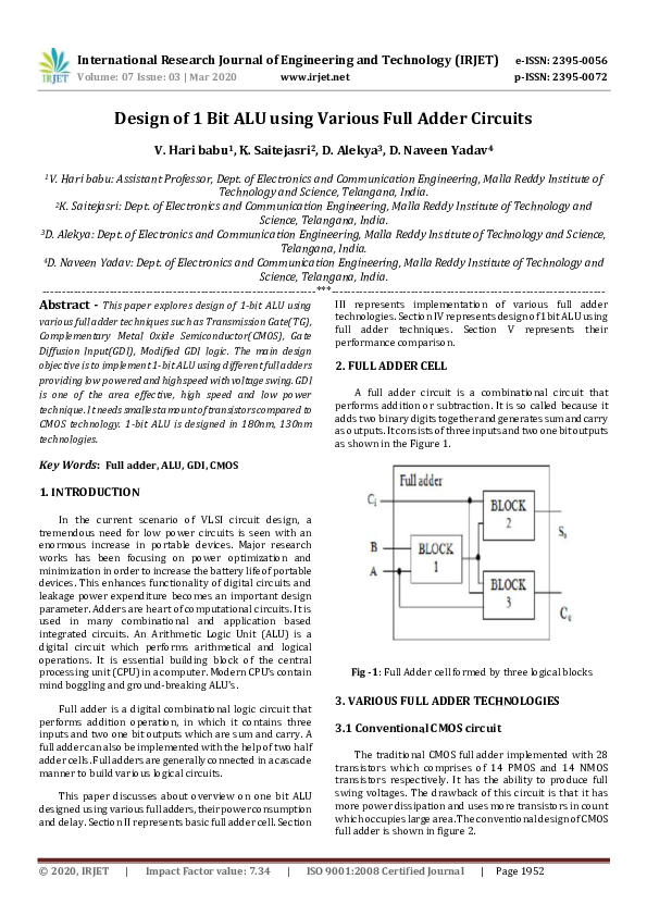 Pdf Irjet Design Of 1 Bit Alu Using Various Full Adder Circuits