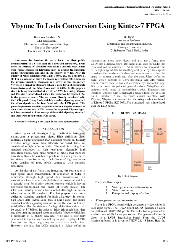 Pdf Ijert Vbyone To Lvds Conversion Using Kintex 7 Fpga Ijert Journal