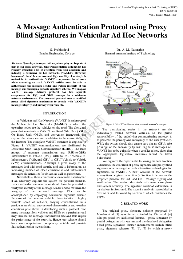 Pdf Ijert A Message Authentication Protocol Using Proxy Blind Signatures In Vehicular Ad Hoc
